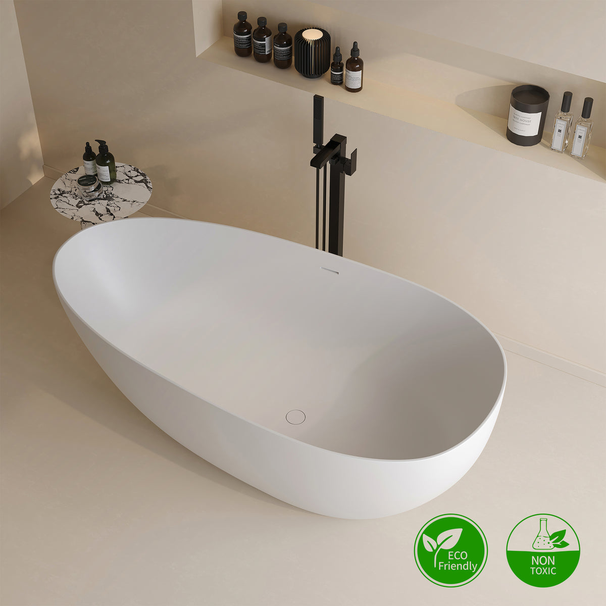59" Egg Shaped Freestanding Solid Surface Soaking Bathtub with Overflo ...