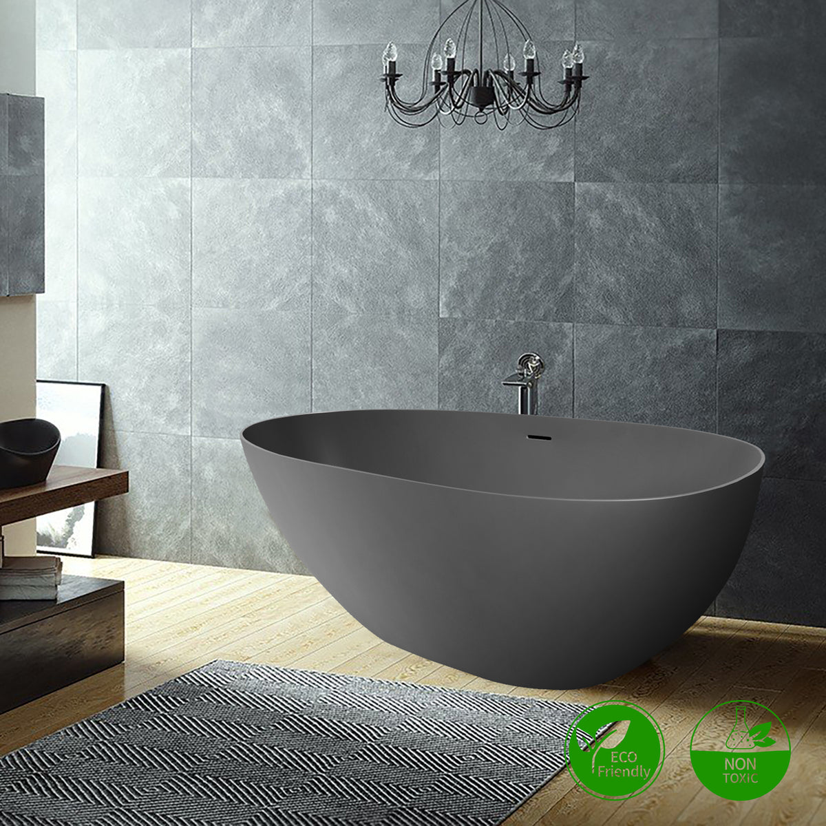 59" Oval Shaped Freestanding Solid Surface Soaking Bathtub with Overfl ...