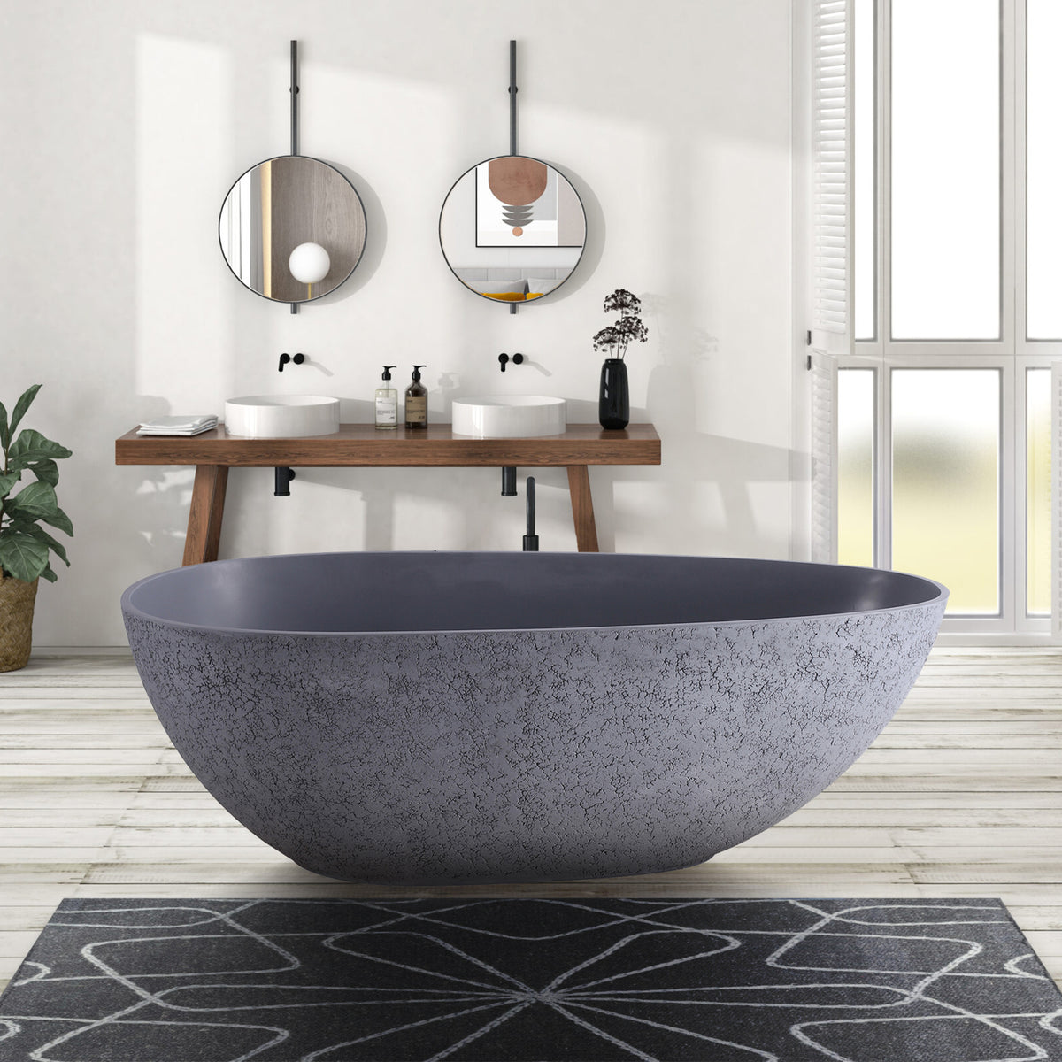 65" Egg Shaped Freestanding Solid Surface Soaking Bathtub with Overflo ...