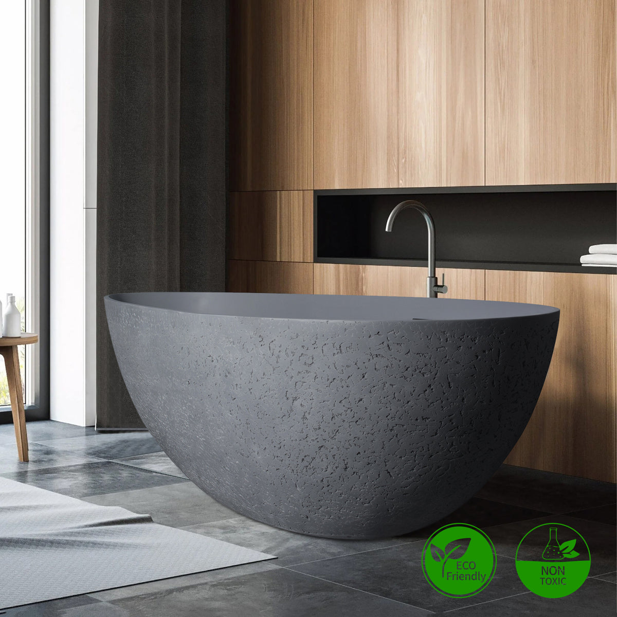 65" Egg Shaped Freestanding Solid Surface Soaking Bathtub with Overflo ...