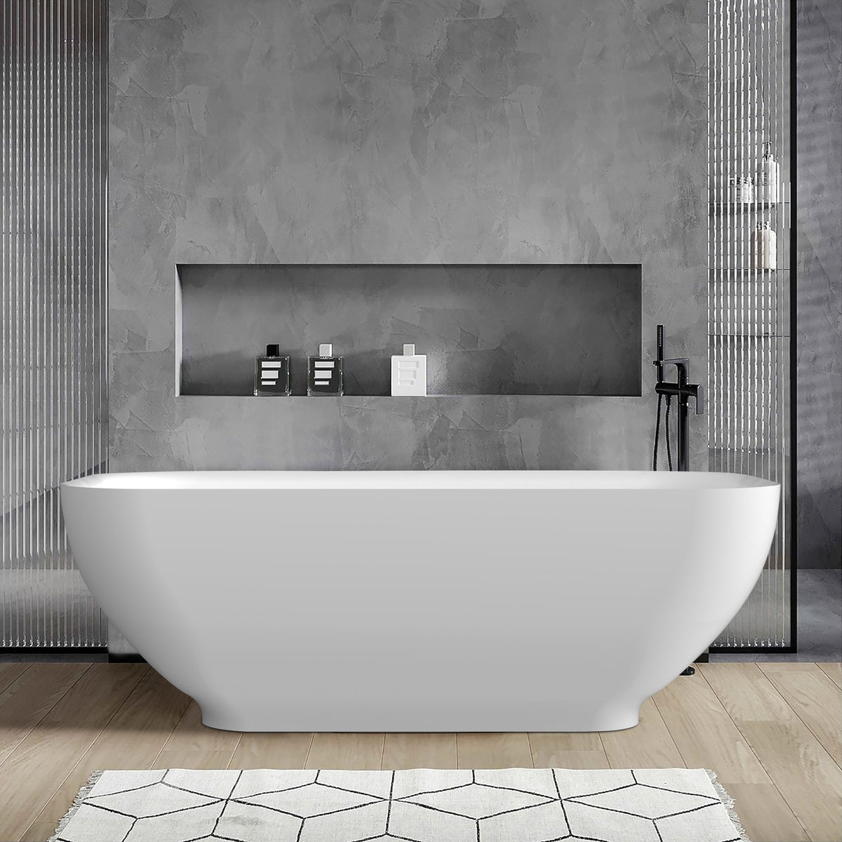 67" Oval Shaped Freestanding Solid Surface Soaking Bathtub with Overfl ...